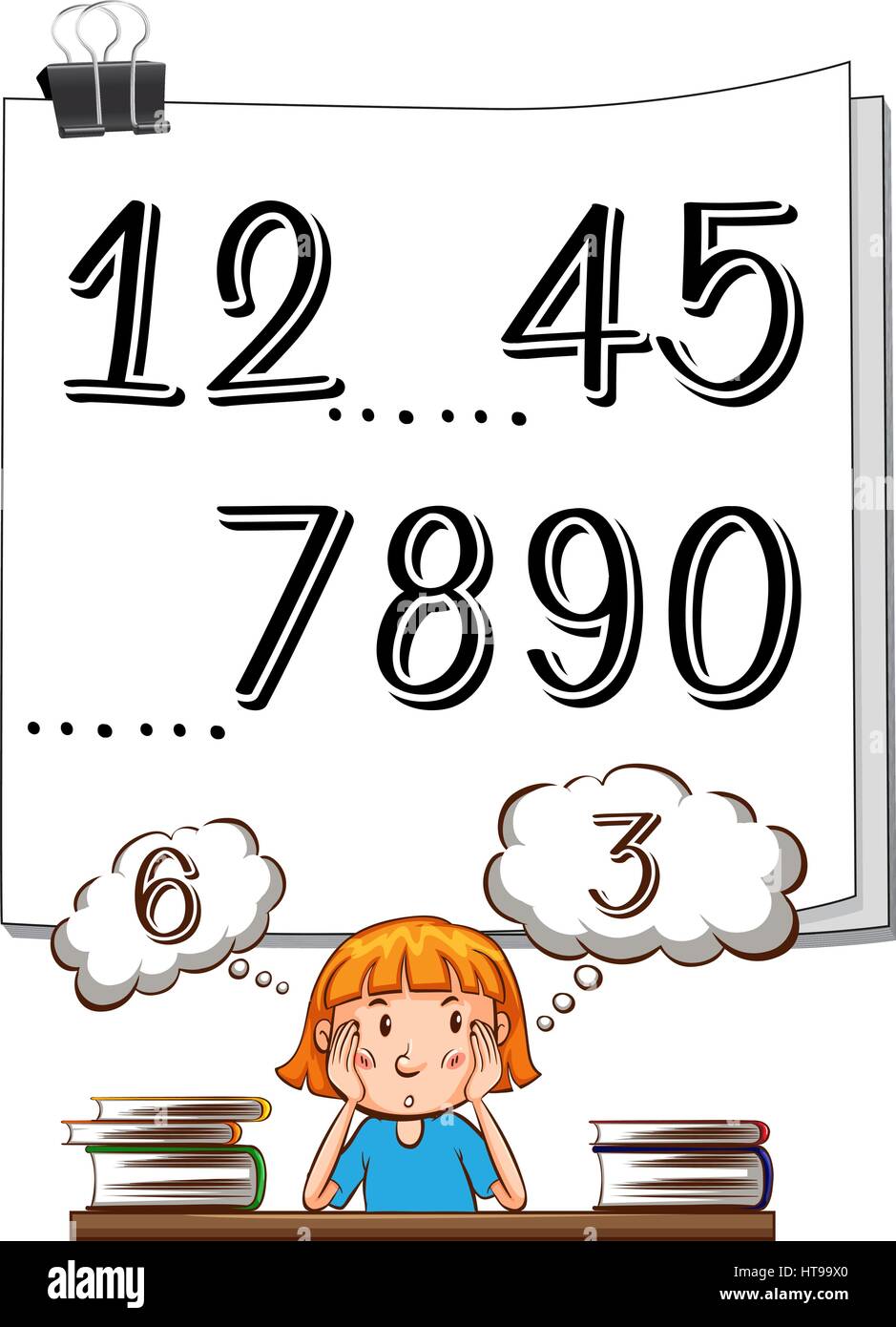 Missing numbers on paper and girl thinking illustration Stock Vector ...