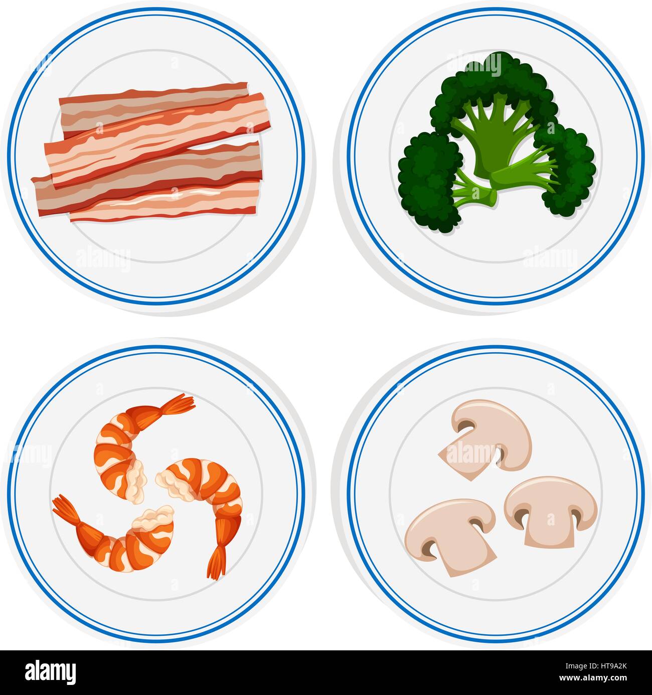 Four kinds of ingredients on white plates illustration Stock Vector ...
