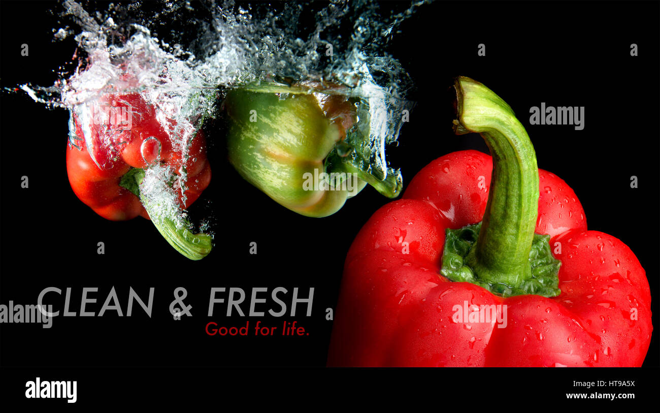 Splash water from water droping bell pepper mixed with focus another ...