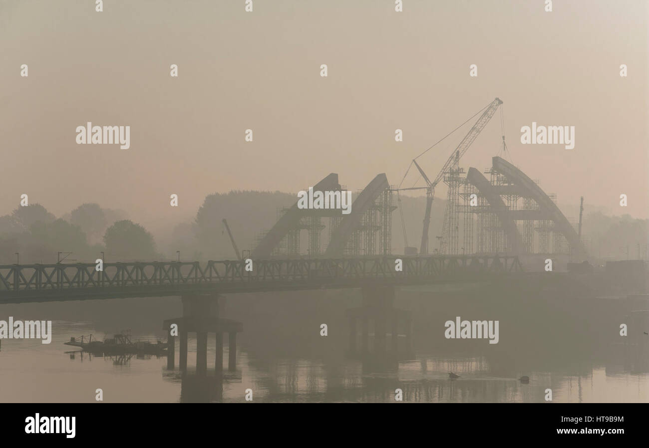 Construction Of A Bridge Over The River Stock Photo - Alamy