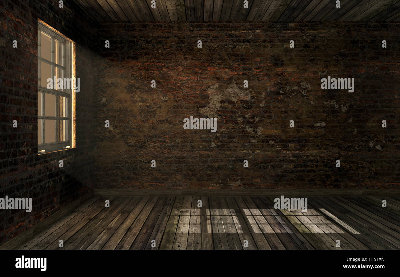 Empty dark old abandoned room with old cracked brick wall and hardwood ...
