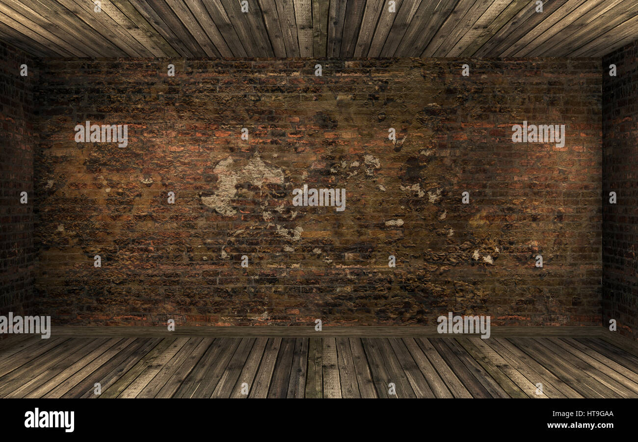 Empty dark old abandoned room interior with old cracked brick wall and ...