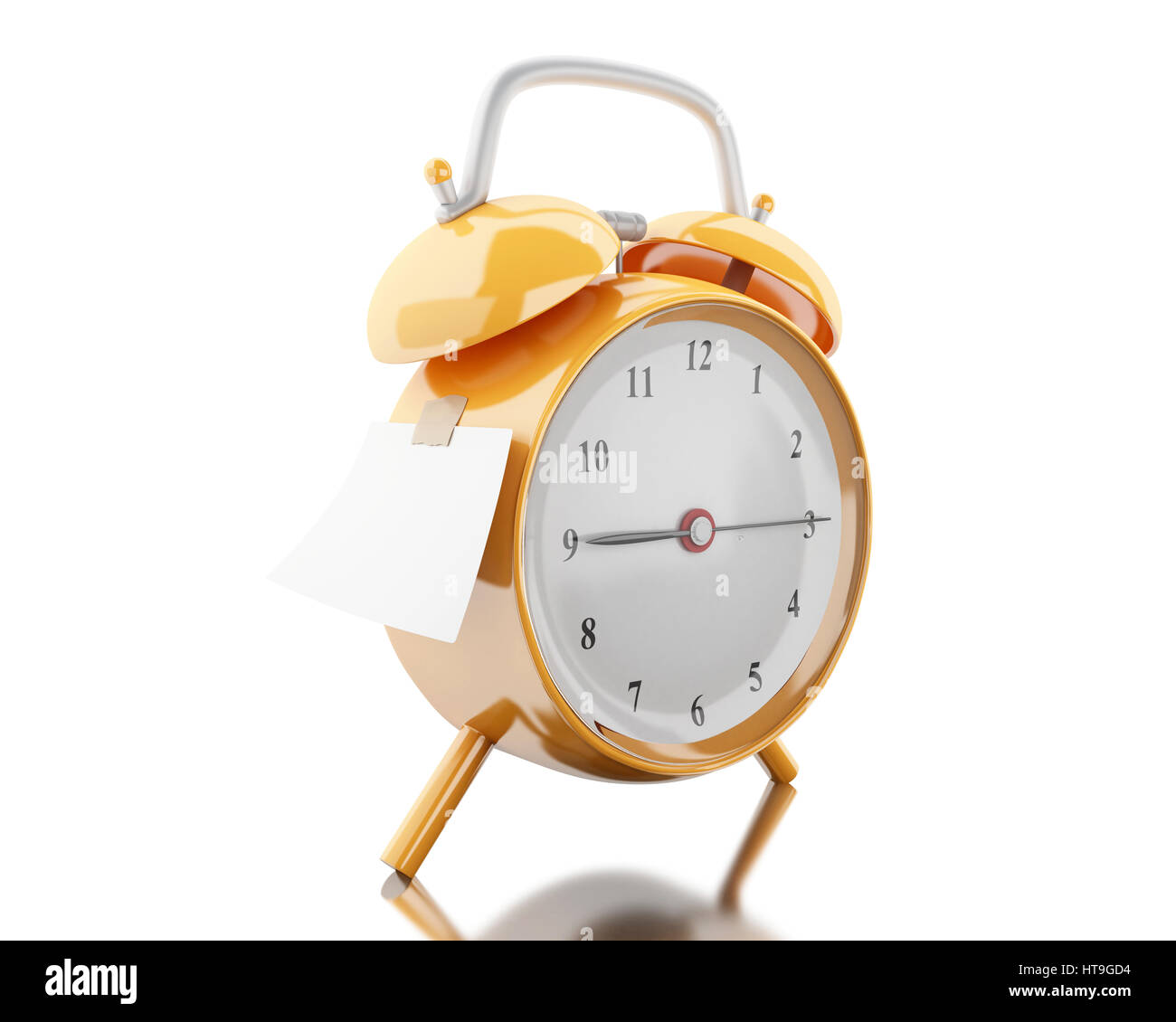 3d illustration. Alarm clock with empty sticky paper. Reminder concept ...