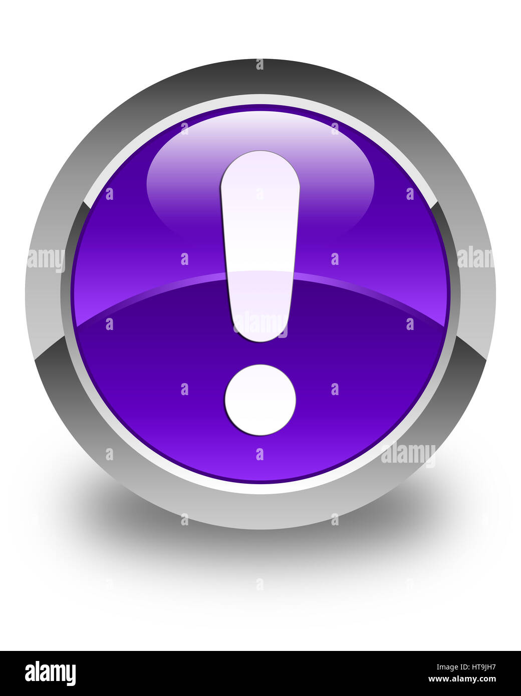 Exclamation mark icon isolated on glossy purple round button abstract ...