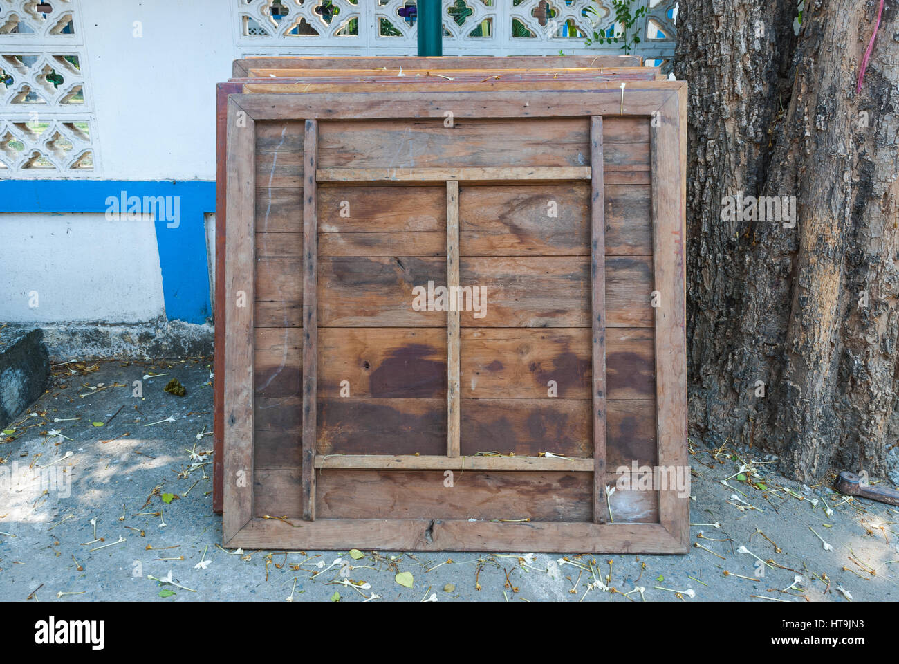 Stack of Old Square Wood Table in Autumn Stock Photo - Alamy
