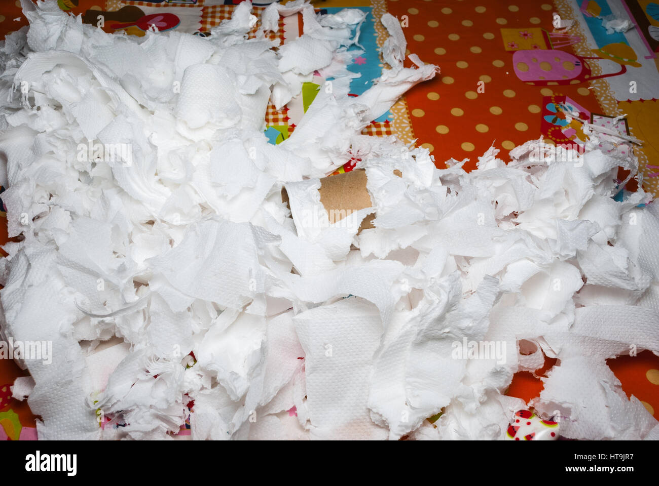 Pile of Torn White Toilet Paper which Destroyed by Cat on Bed Sheet ...