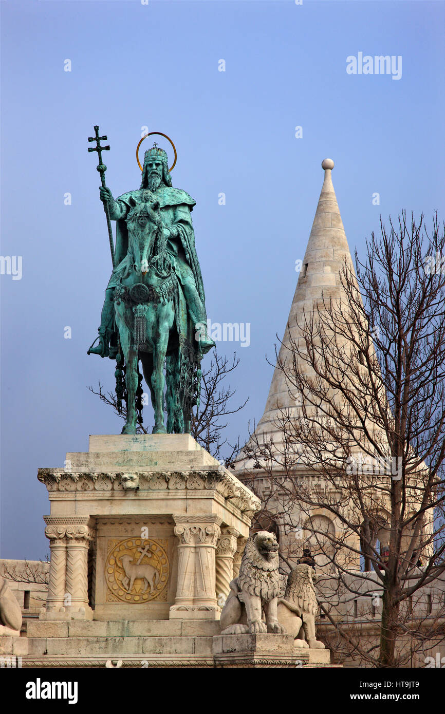 Statue of St. Stephen (Szent István), at "Fisherman's bastion", Castle ...