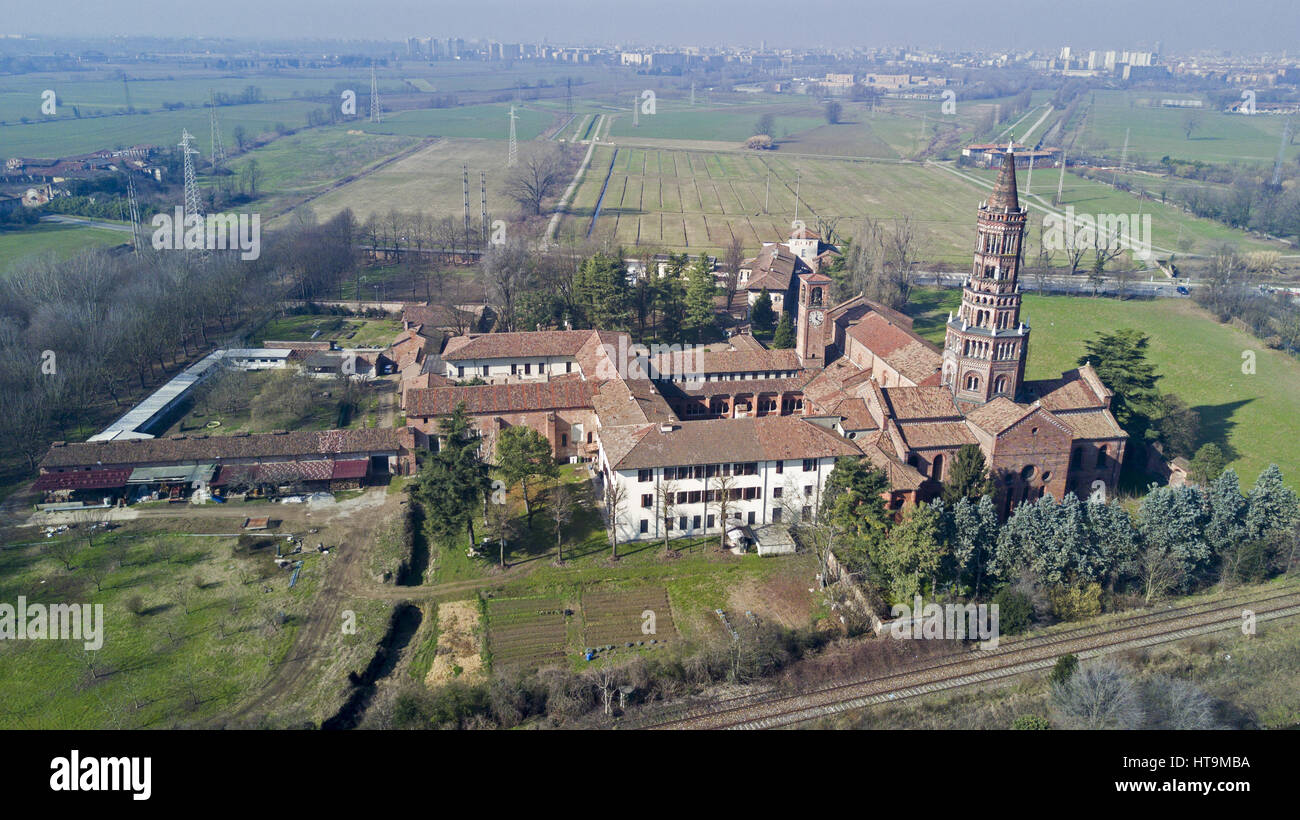 Panoramic view of Monastery of Chiaravalle, Abbey, aerial view, Milan ...