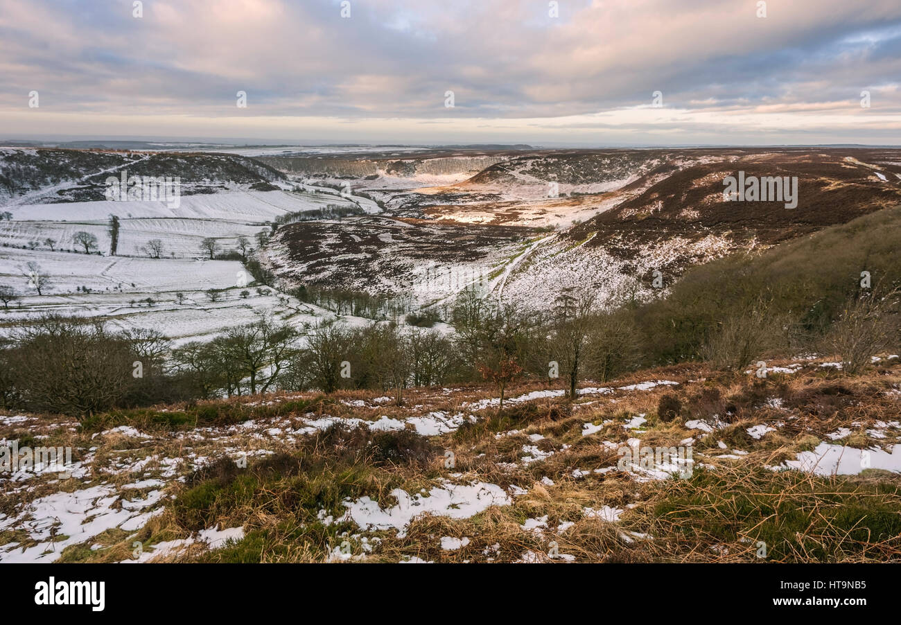 North York Moors in winter overlooking the Hole of Horcum following ...