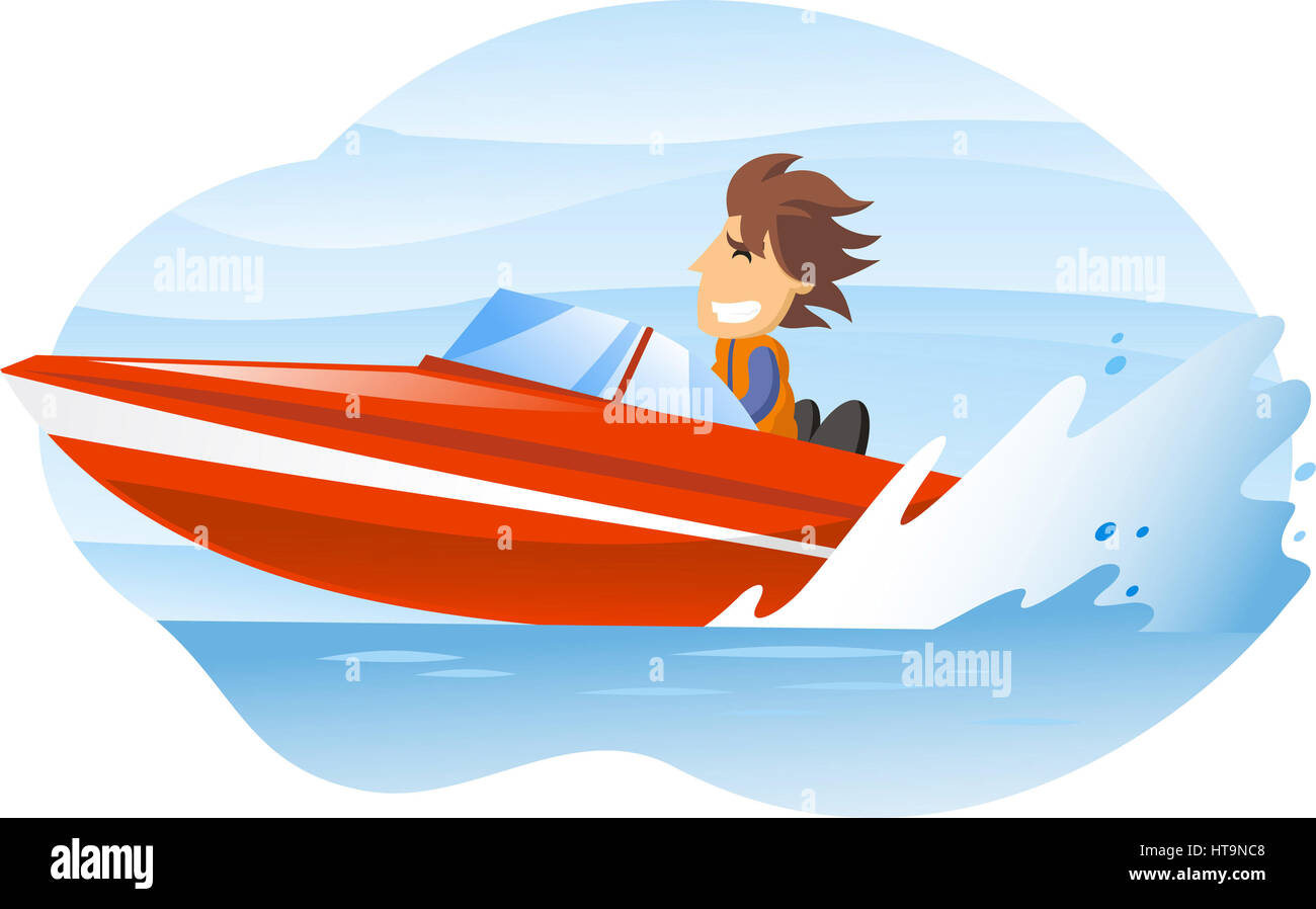 cartoon illustration of a man driving an speedboat Stock Photo - Alamy