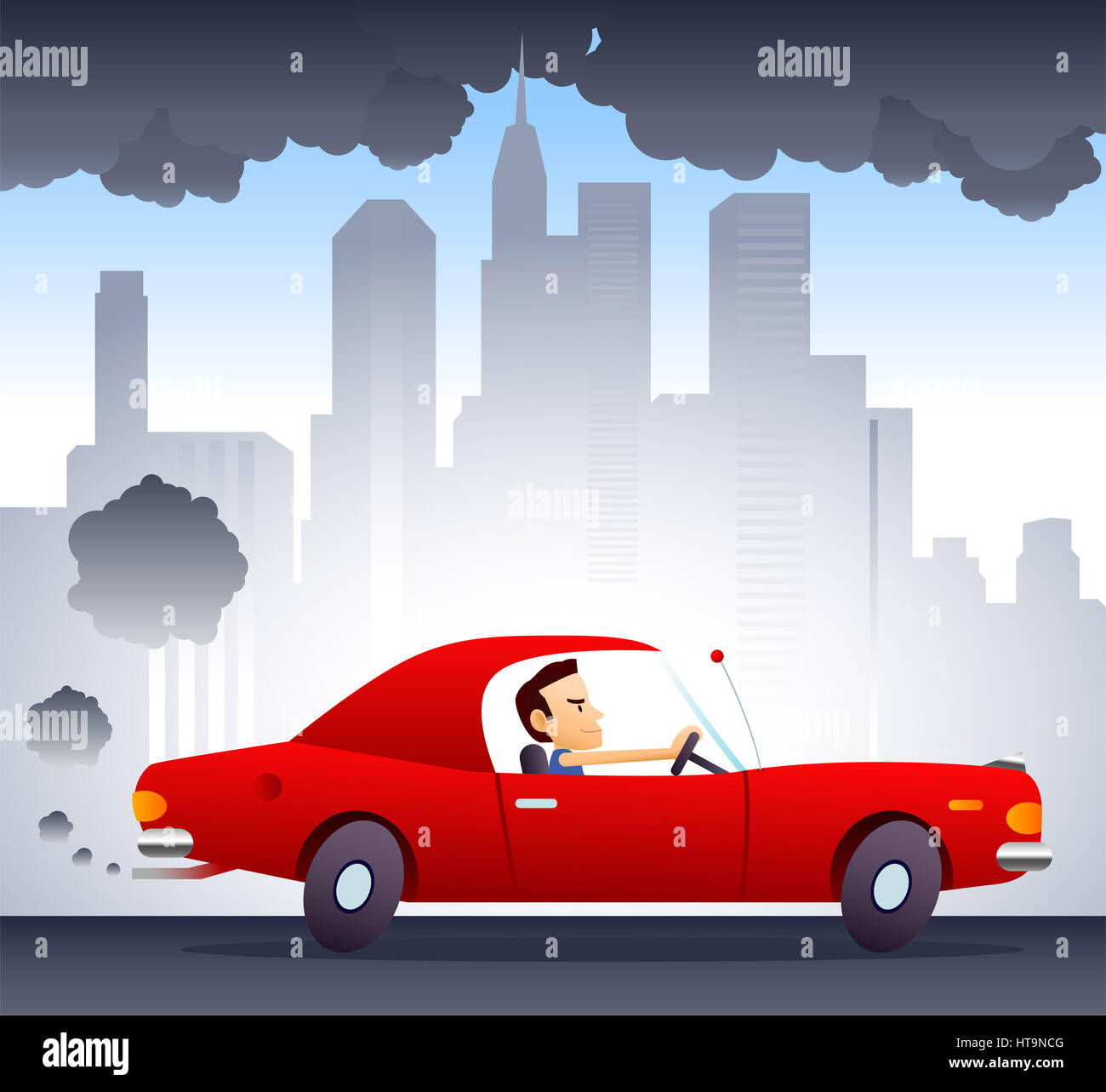 Polluting environment car driven by smiling and confident man. City ...