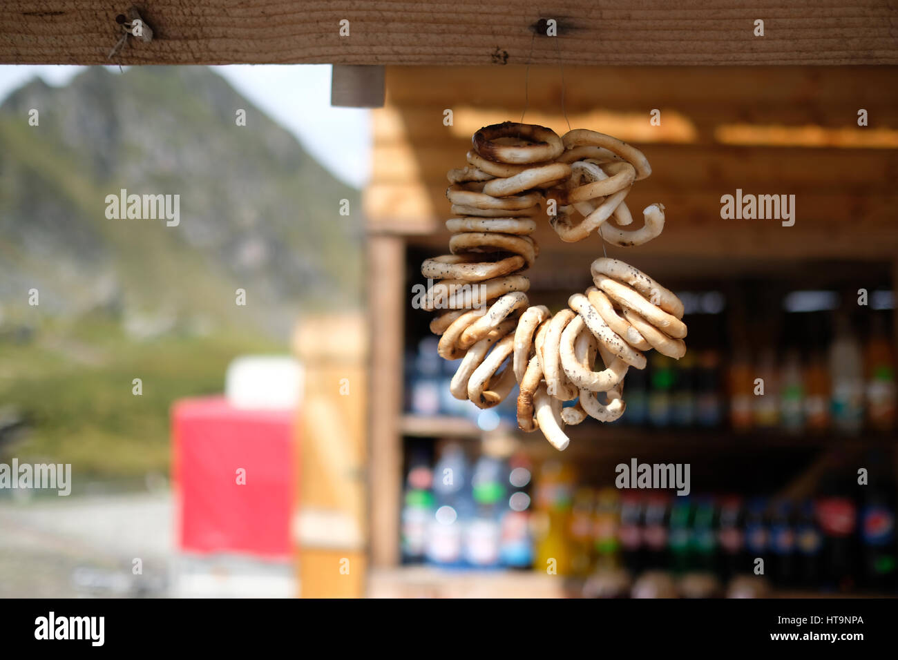 Romanian bagels hanging at the road market stalls in Transfagarasan ...