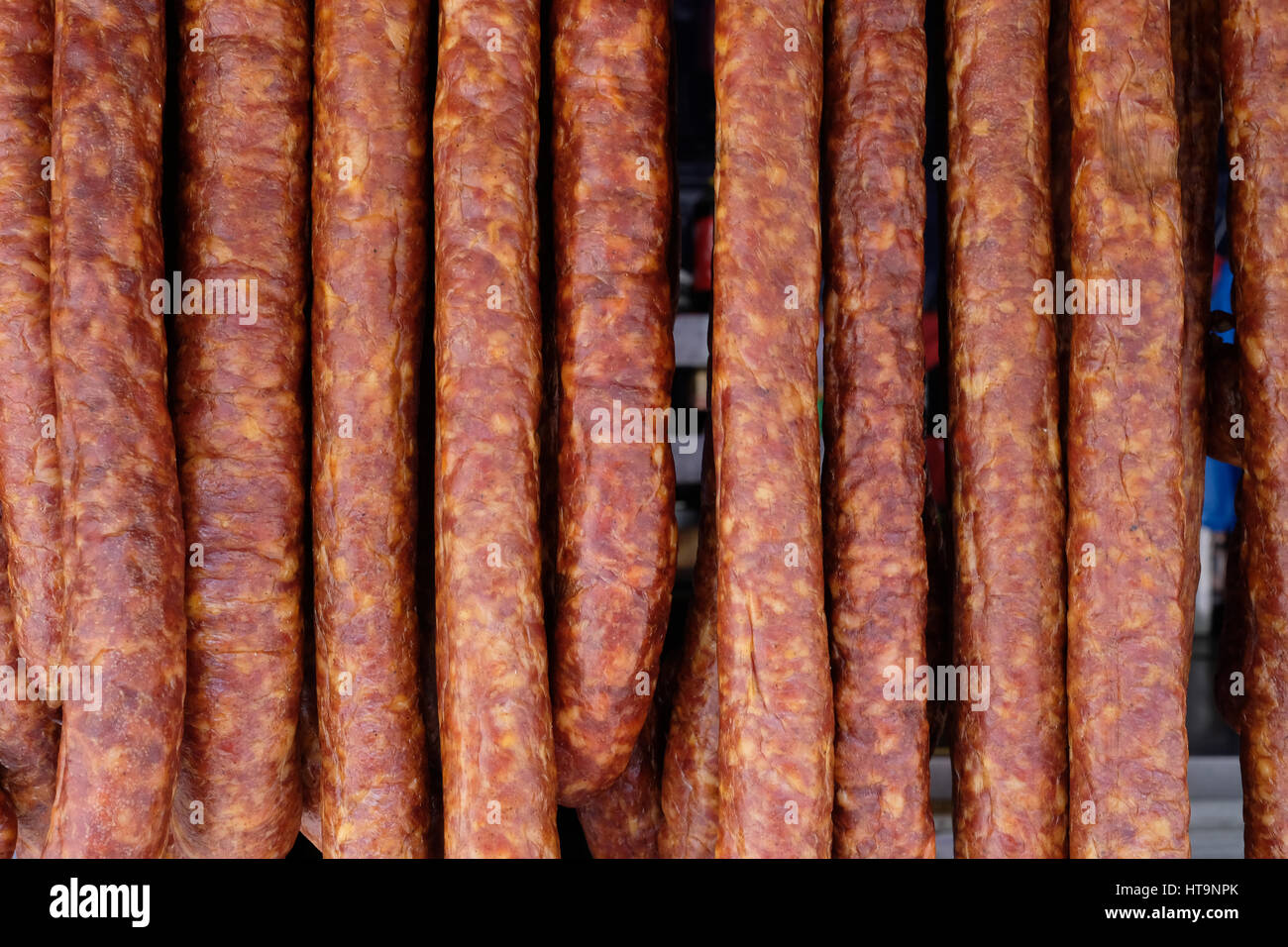 Romanian traditional sausages; Road market stalls located in ...