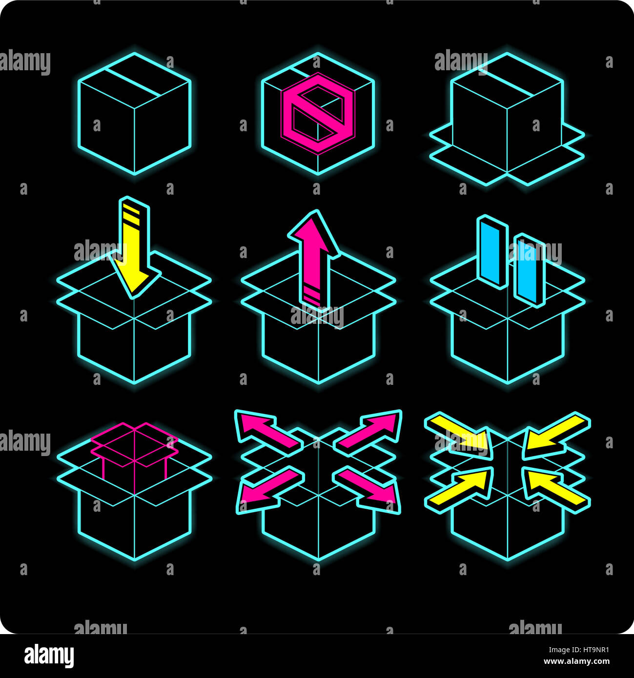 Box neon light icons, with direction arrows: up, down, left and right ...