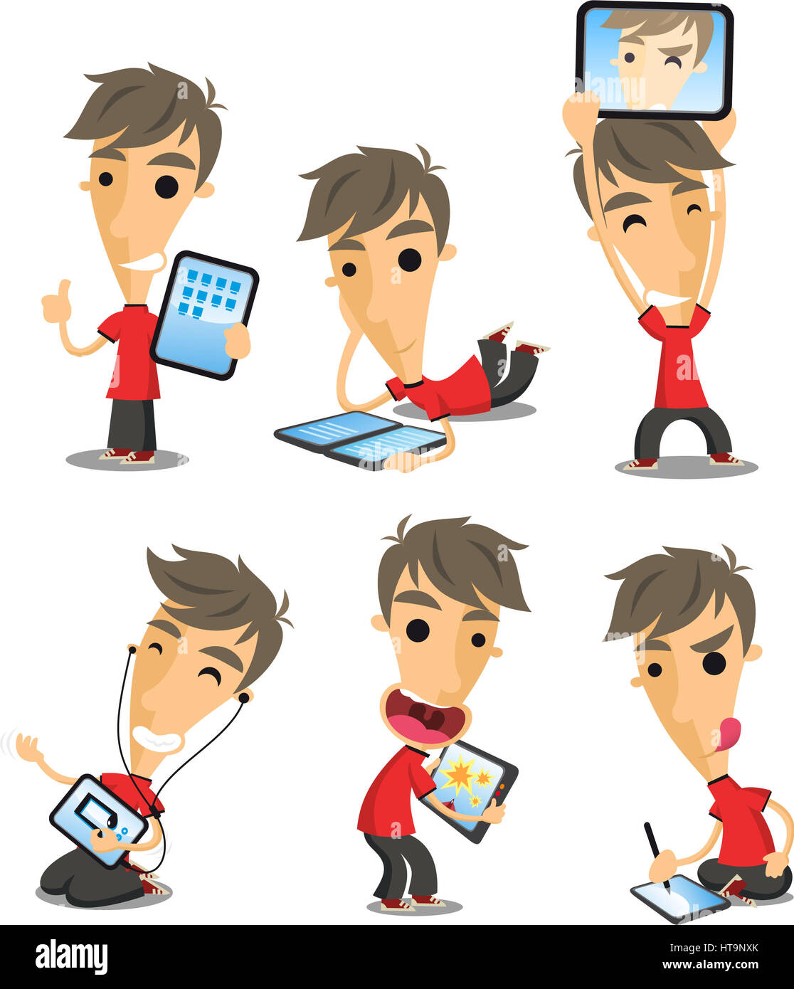 Boy with tablet cartoon action set Stock Photo - Alamy