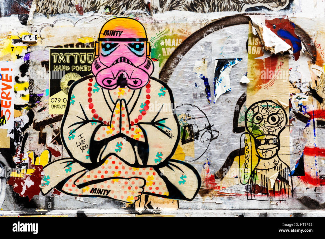 colourful mural graffiti on wall at Shoreditch, London in September ...