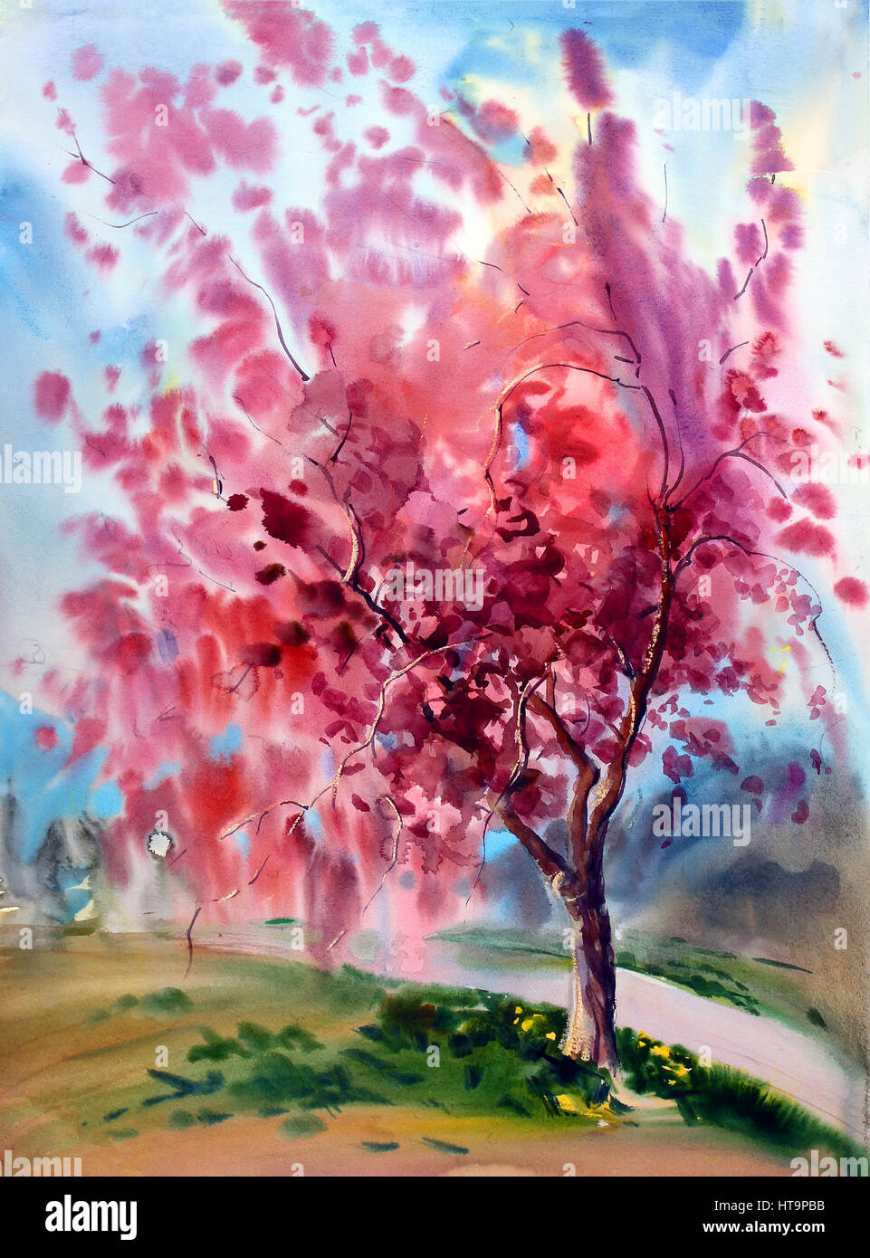 Watercolor painting landscape with blooming spring tree with flowers ...
