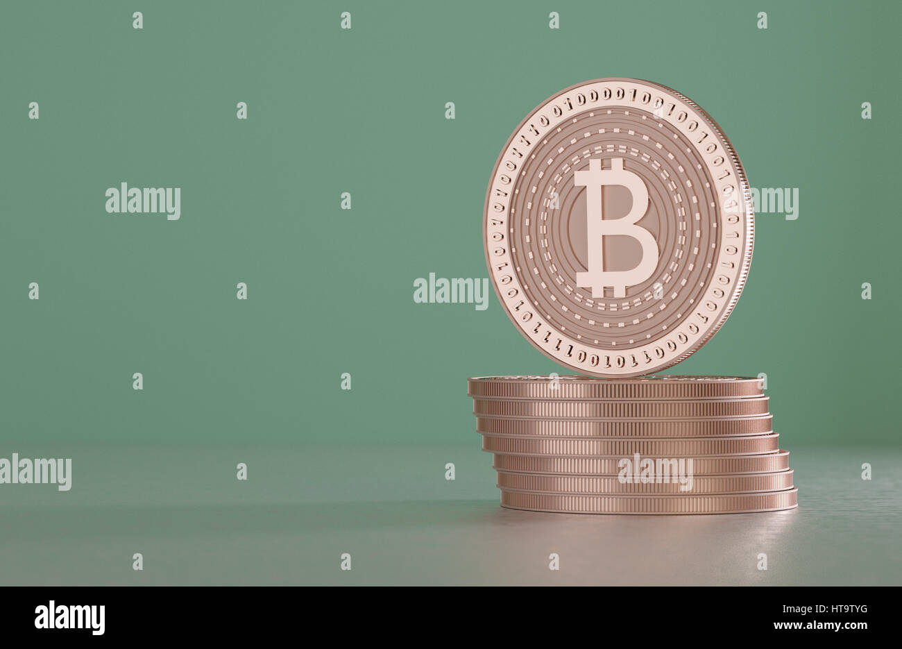 Stack of copper bitcoins as example for blockchain technology in front ...