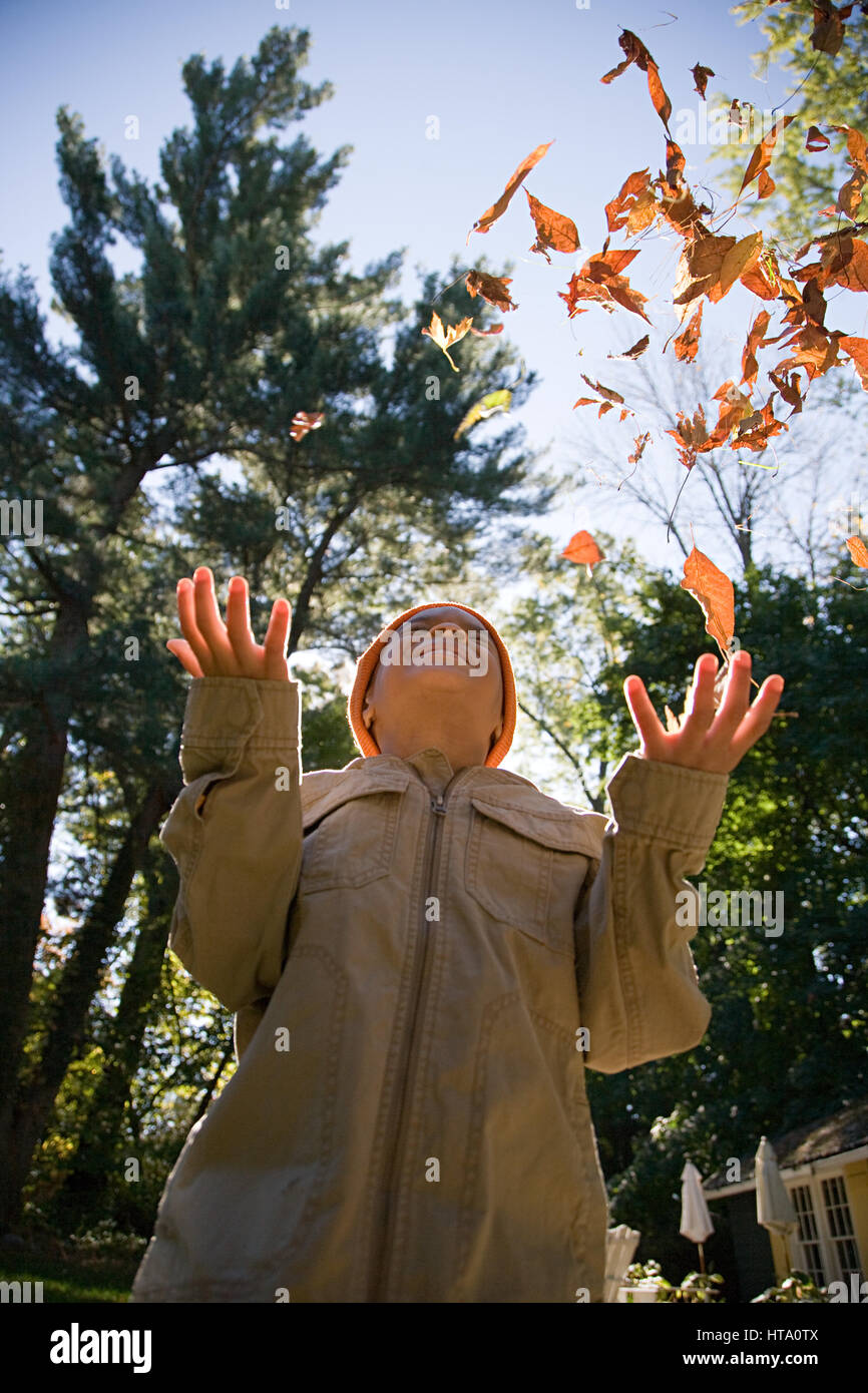 Boy throwing leaves Stock Photo - Alamy