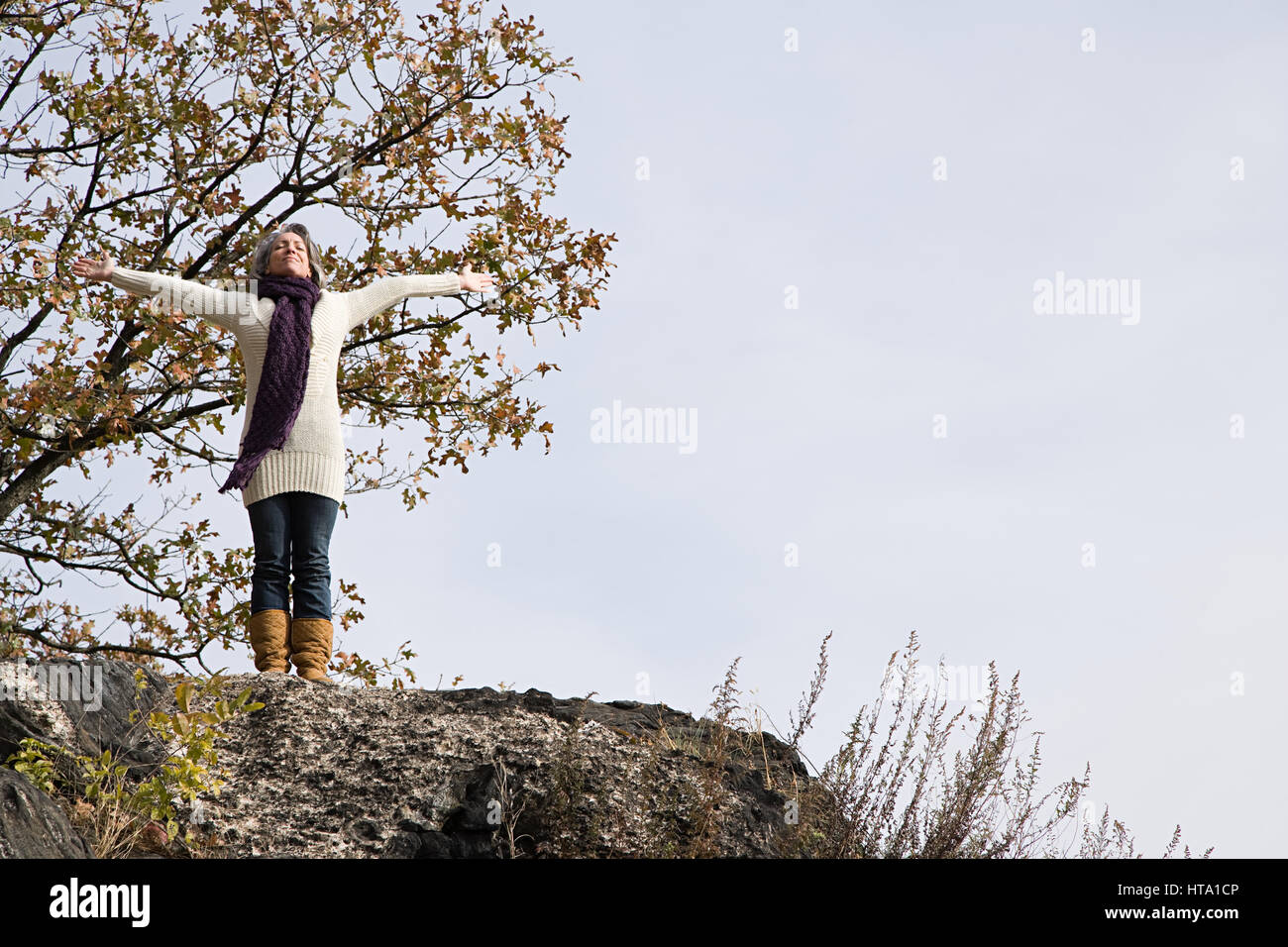 Exhilarated woman standing on rocks Stock Photo - Alamy