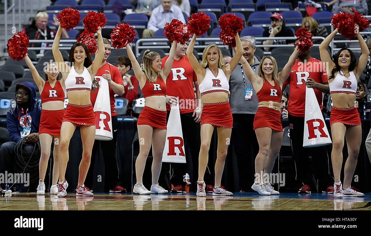 March 8, 2017: Rutger's Cheerleaders perform along the baseline during ...