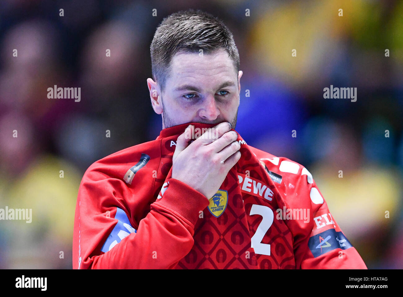 Andreas Palicka, goalkeeper of Rhein-Neckar Loewen, reacts during the ...