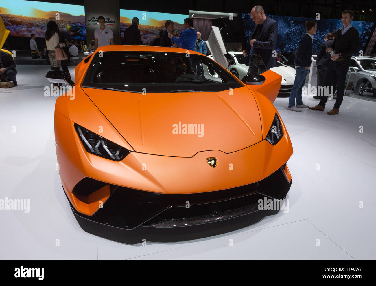 Geneva, Switzerland. 9th Mar, 2017. People visit Lamborghini booth on ...