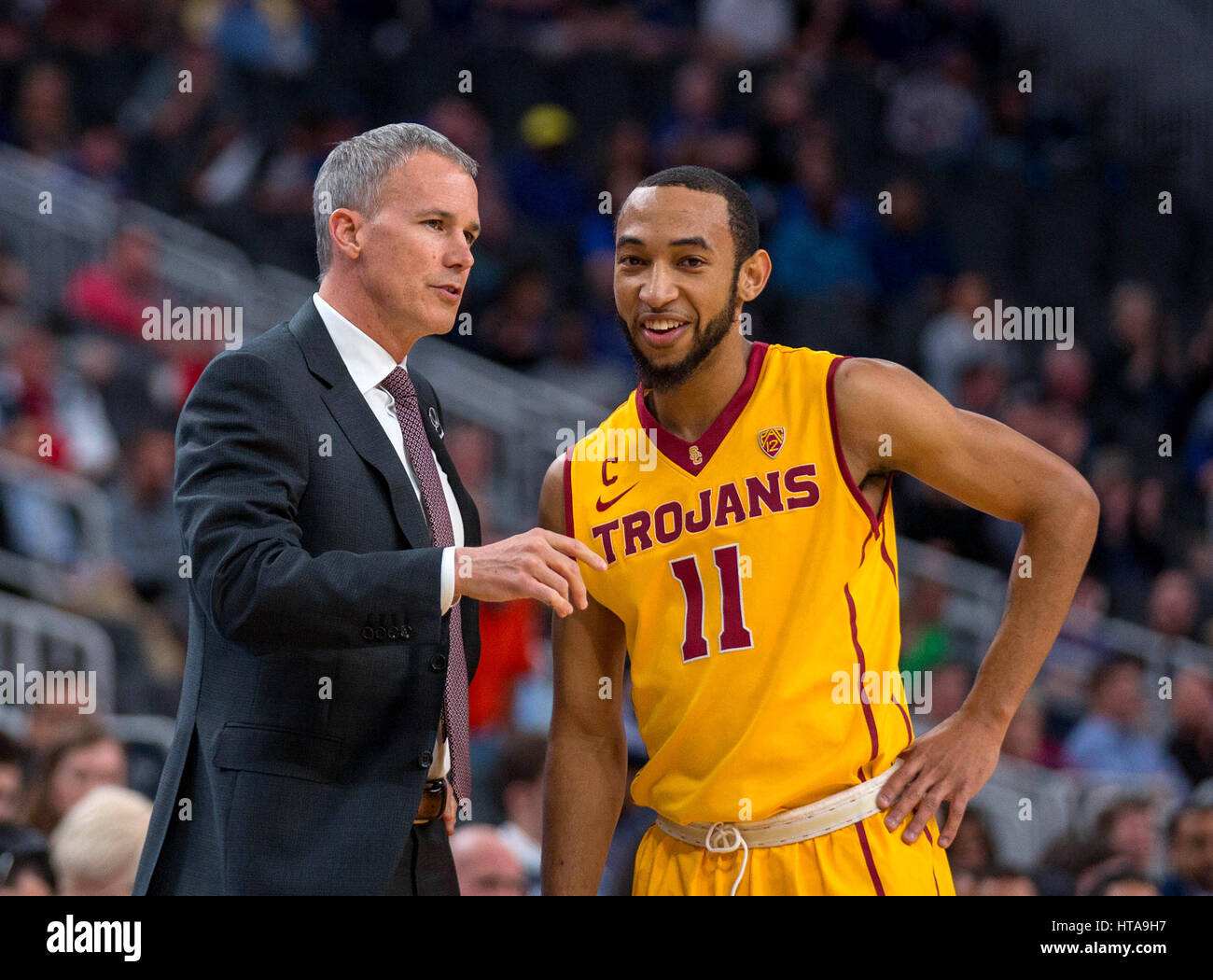 Las Vegas, NV, USA. 08th Mar, 2017. USC head coach Andy Enfield gives ...