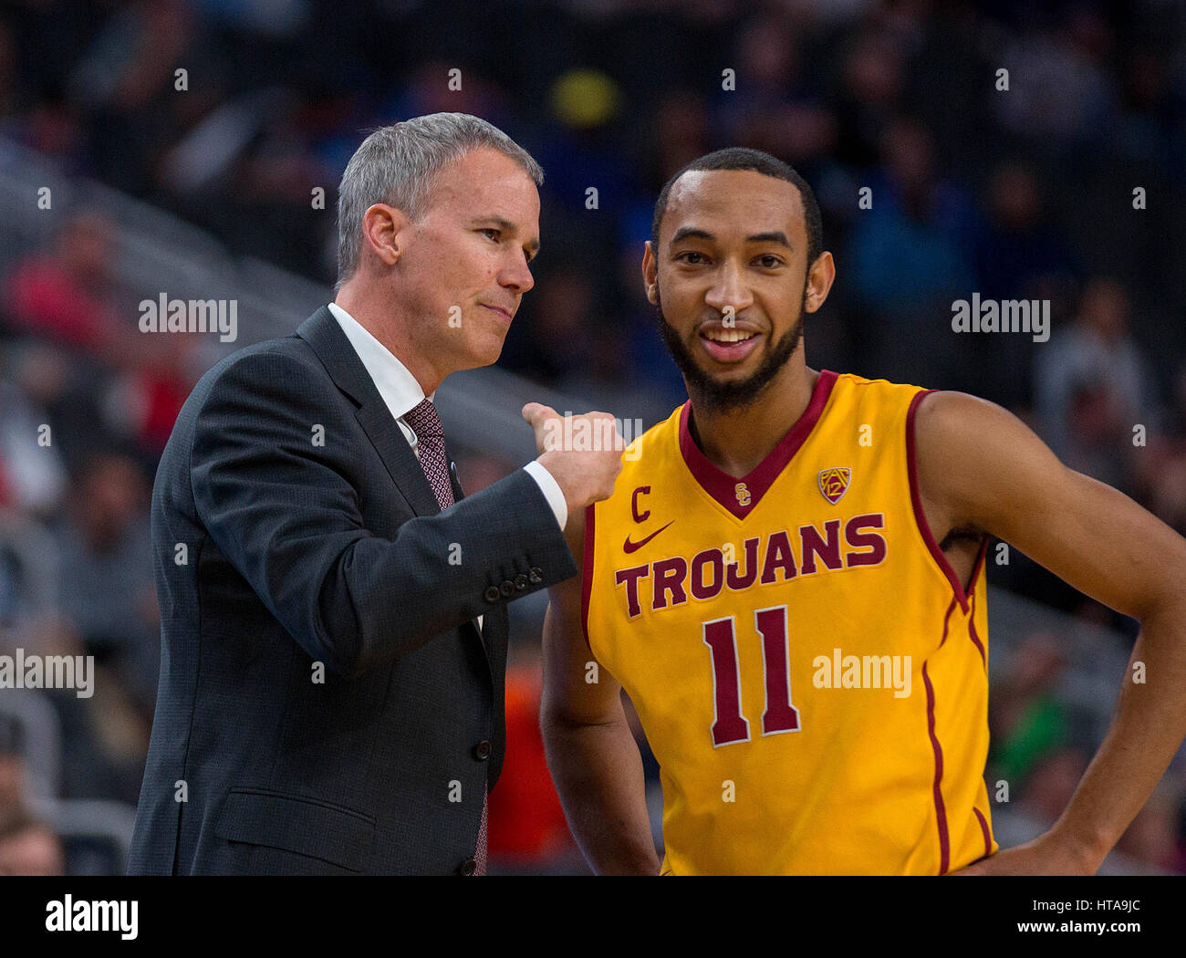 Las Vegas, NV, USA. 08th Mar, 2017. USC head coach Andy Enfield gives ...