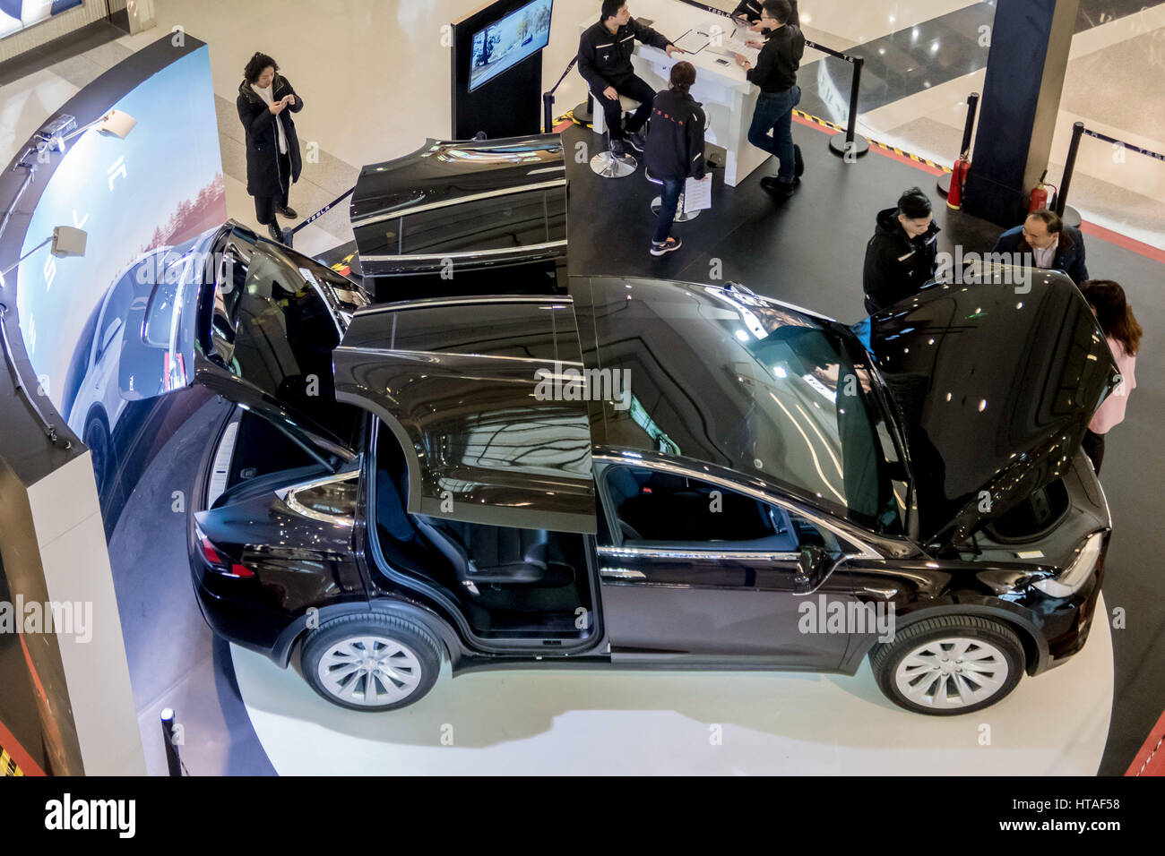 Shanghai, China. 9th Mar, 2017. A black Tesla Model X shows at a ...
