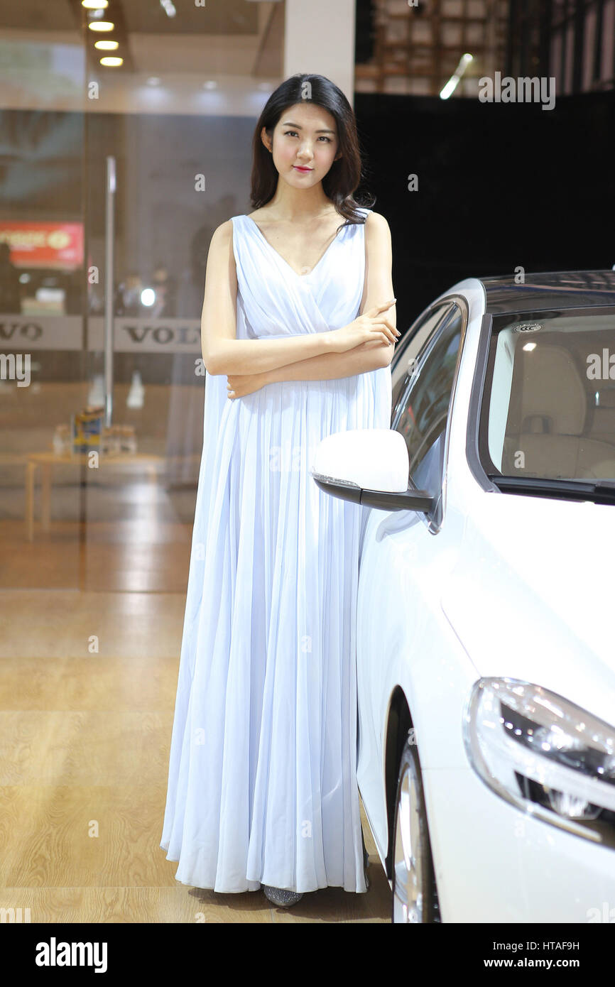 Weifang, China. 9th Mar, 2017. A car model at an auto expo in Weifang ...