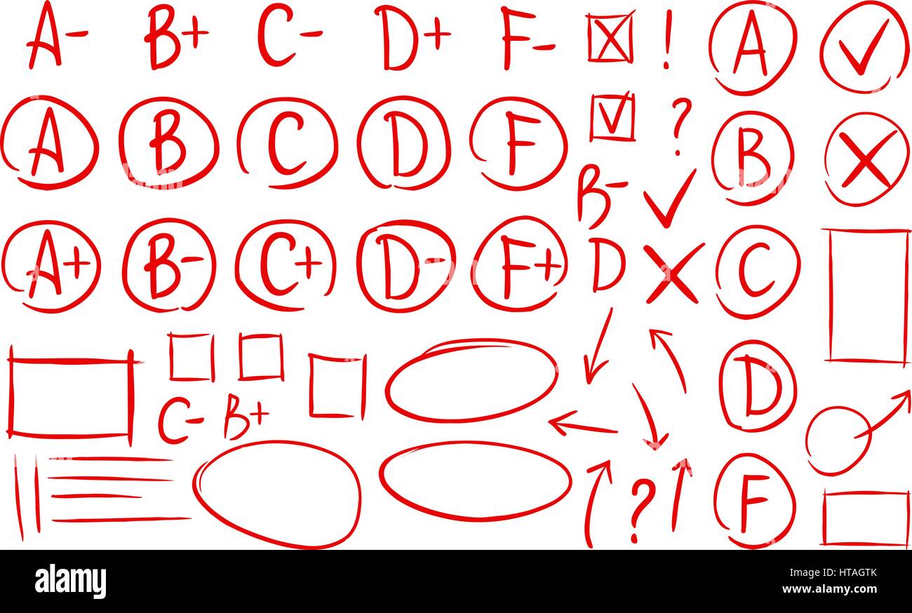 Hand drawn grade results, check marks set of icons. School, education ...