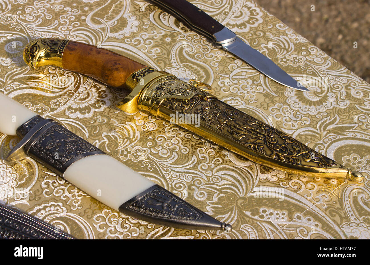 Closeup of caucasian dagger on cloth background,Northern Caucasus Stock ...