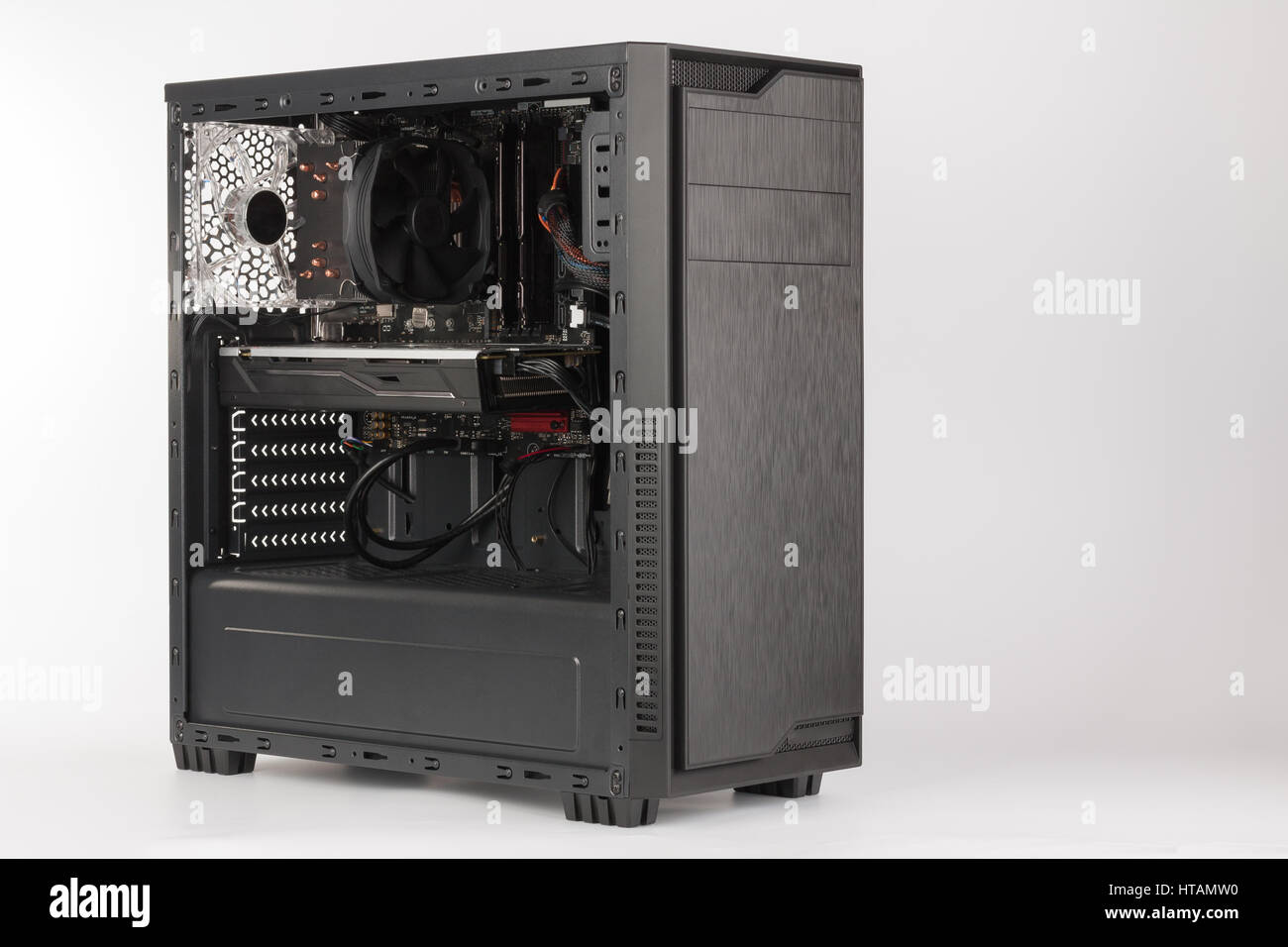 Open midi tower computer case on white background Stock Photo - Alamy