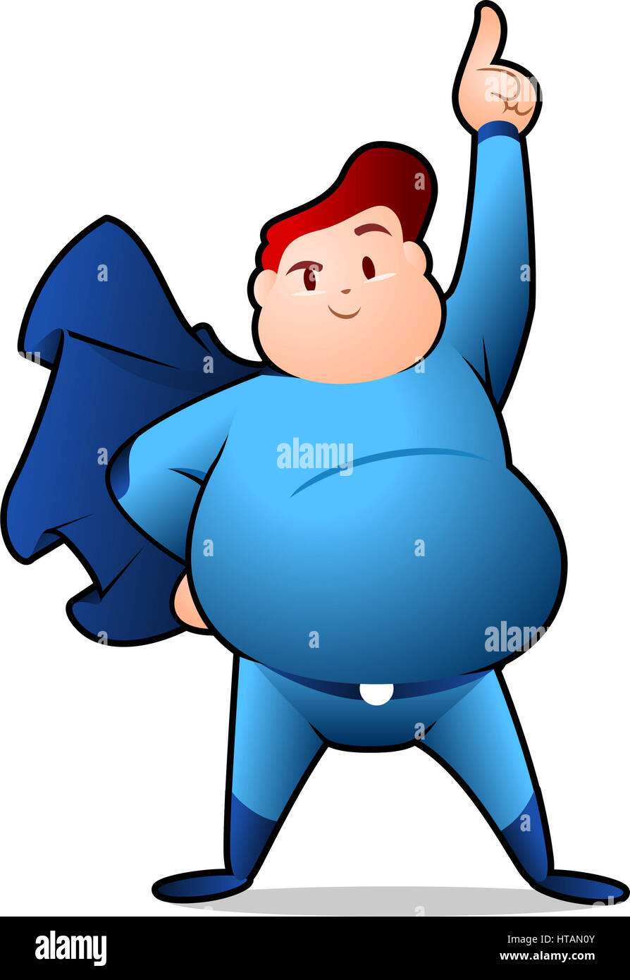 Chubby Superhero posing with blue superhero costume and blue cape ...