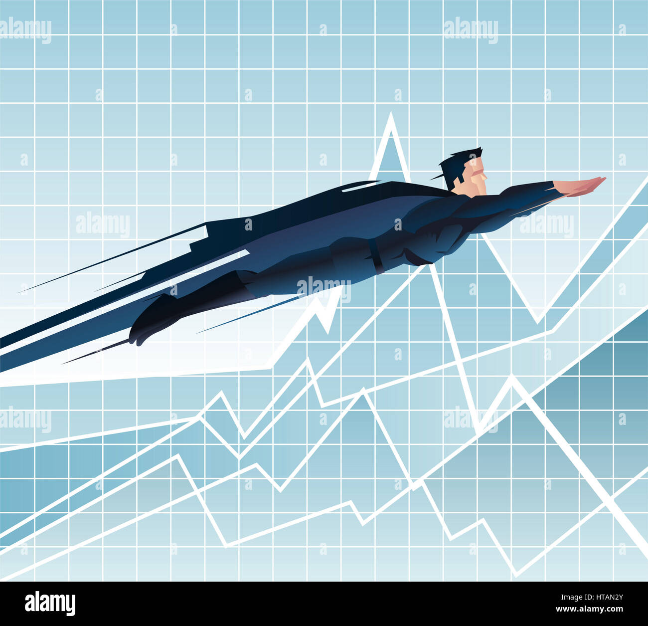 Superhero Businessman flying ready to work over chart, with blue ...