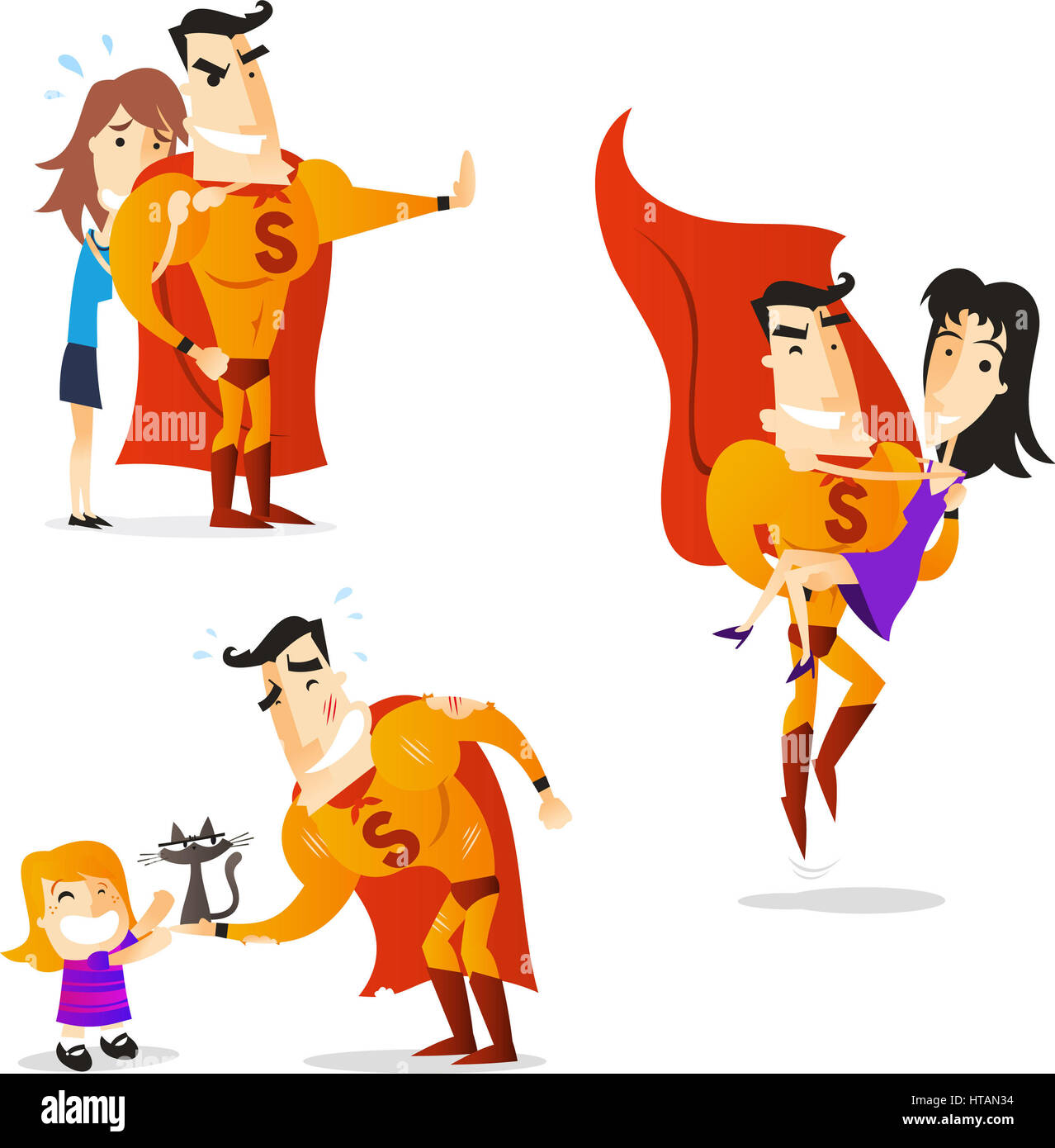 Superhero using his powers to save helpless women and kid. With orange ...