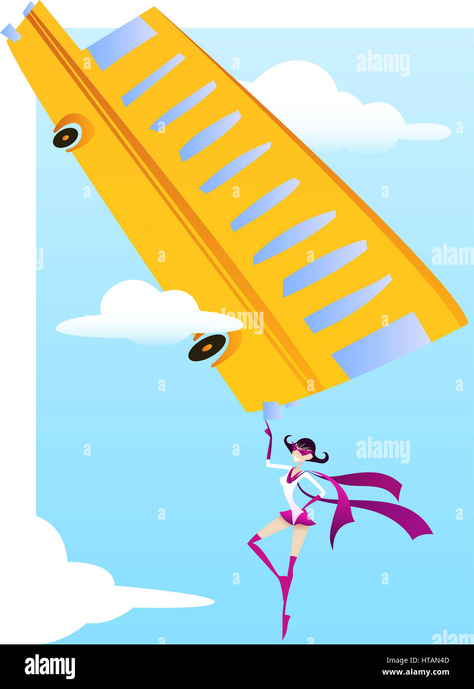 Superhero flying woman saving school bus from abysm vector illustration ...