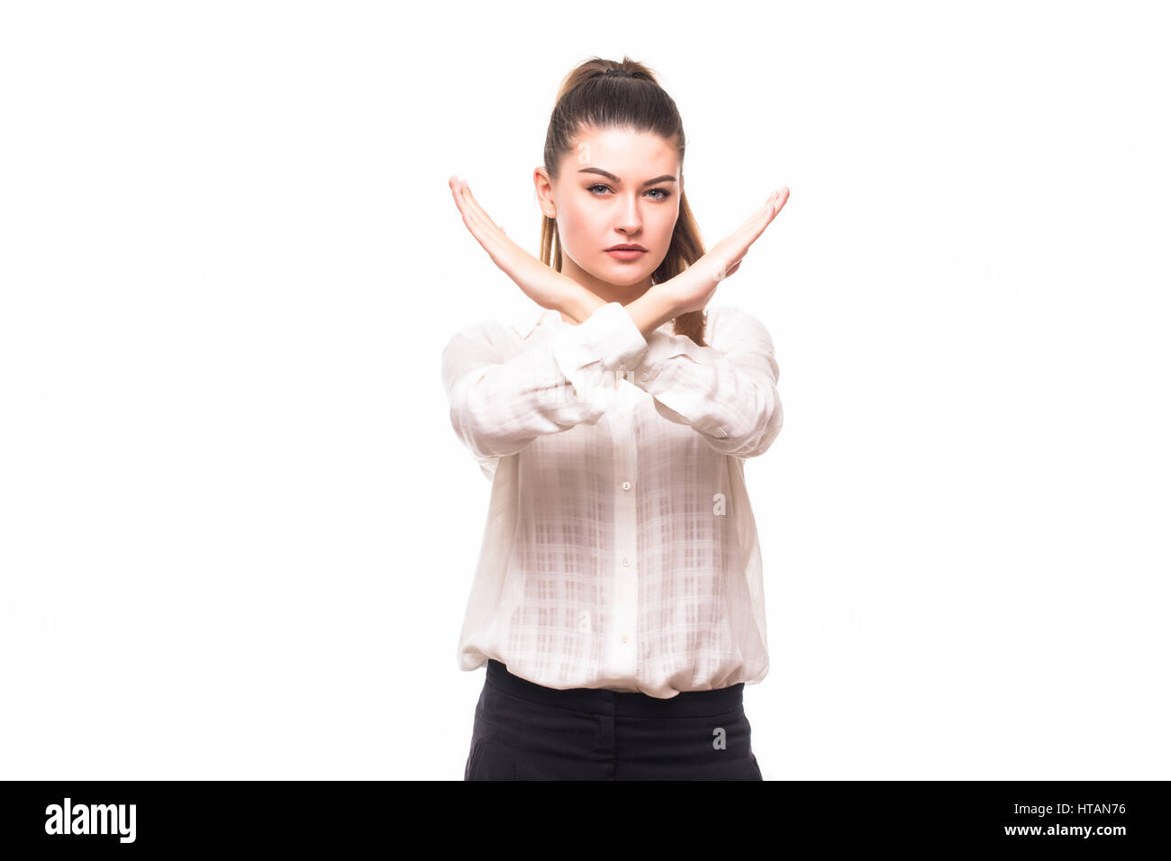 business woman shows no hands on white background Stock Photo - Alamy