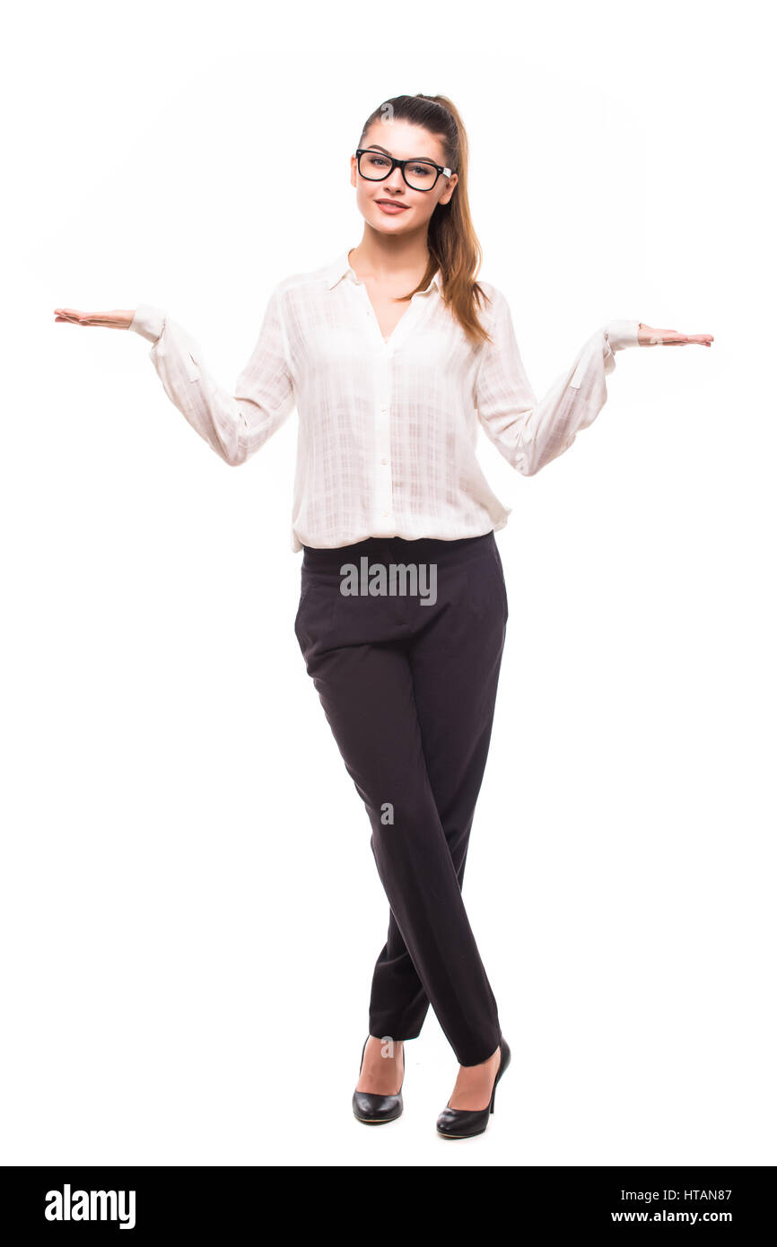 Beautiful business woman making a scale with her arms wide open ...