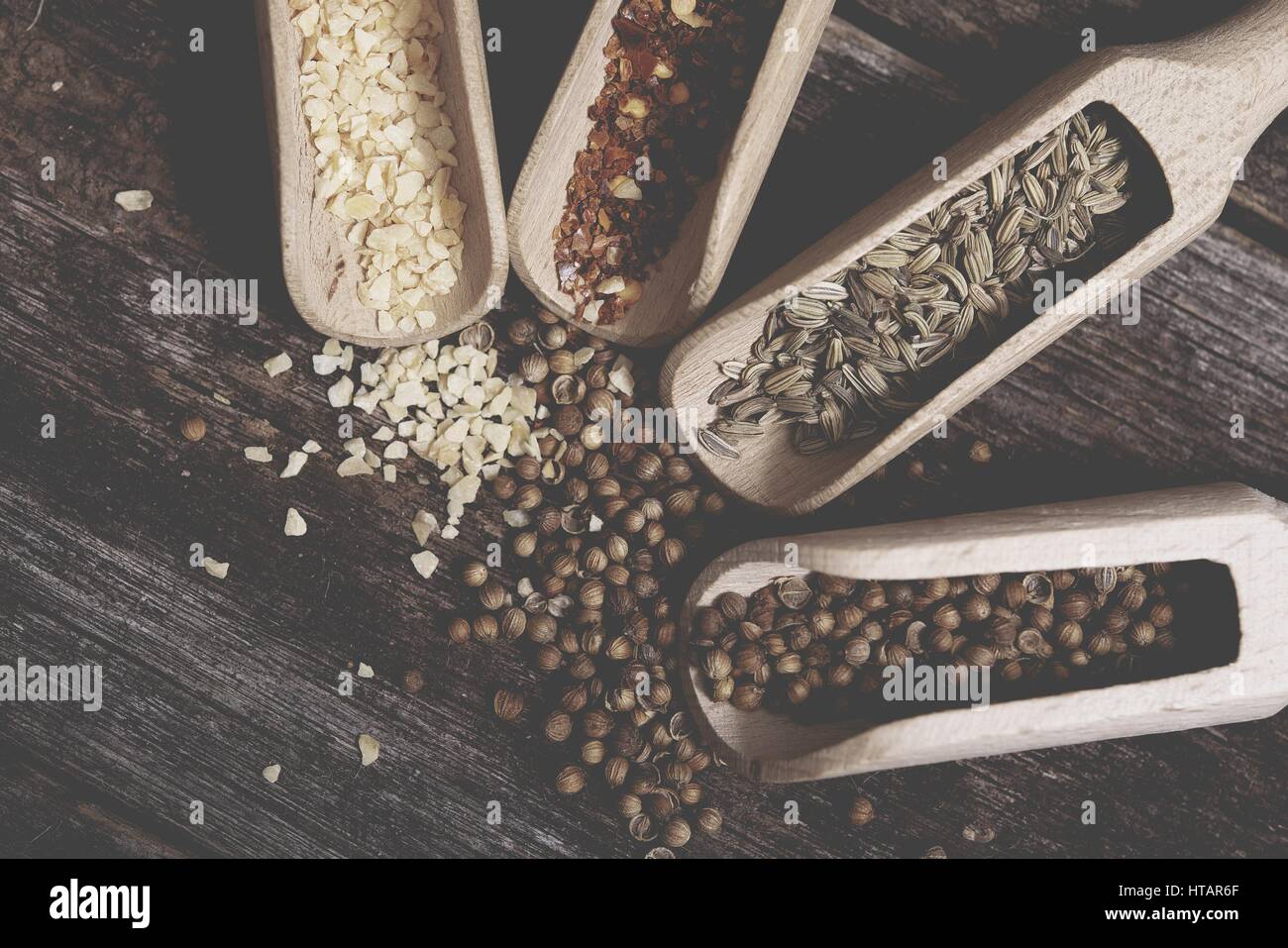 Full of Aroma Spices in the Wooden Kitchen Tools. Four Spices Stock ...