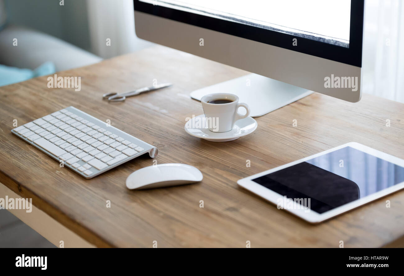 Retro wooden desk, photographers and designers work place Stock Photo ...
