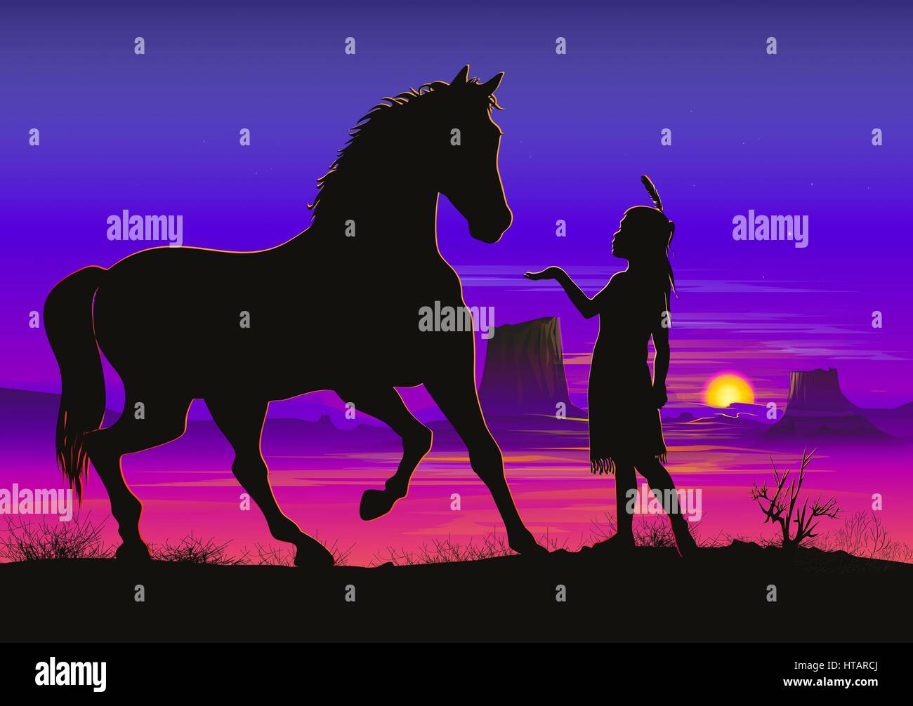 Little Native American Indian Girl with Her Mustang Horse During Sunset ...