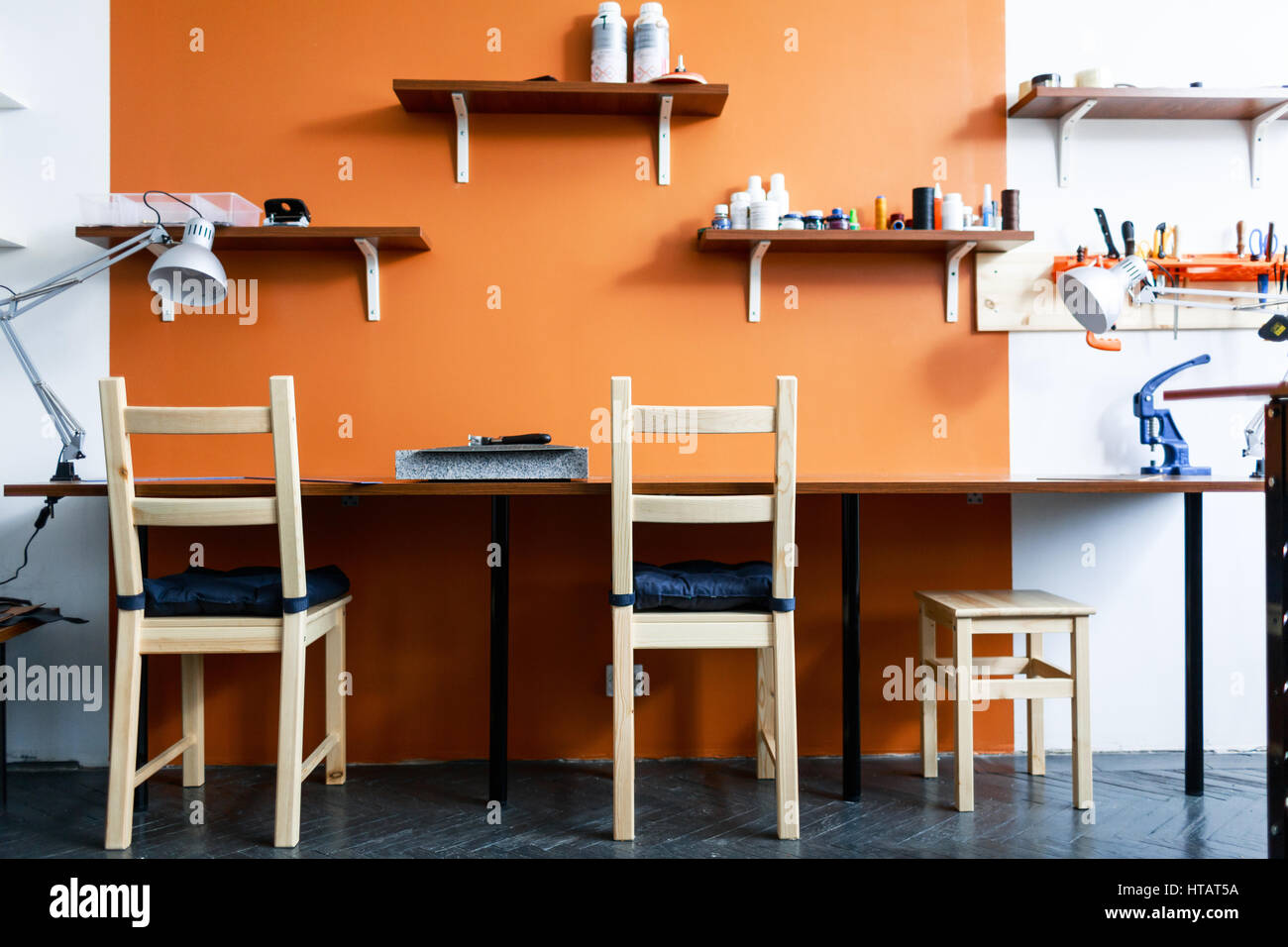 Professional tanner workshop with furniture and necessary equipment ...