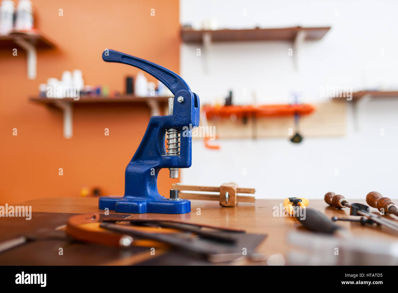 Leathercraft stapler and other tools on workplace Stock Photo - Alamy