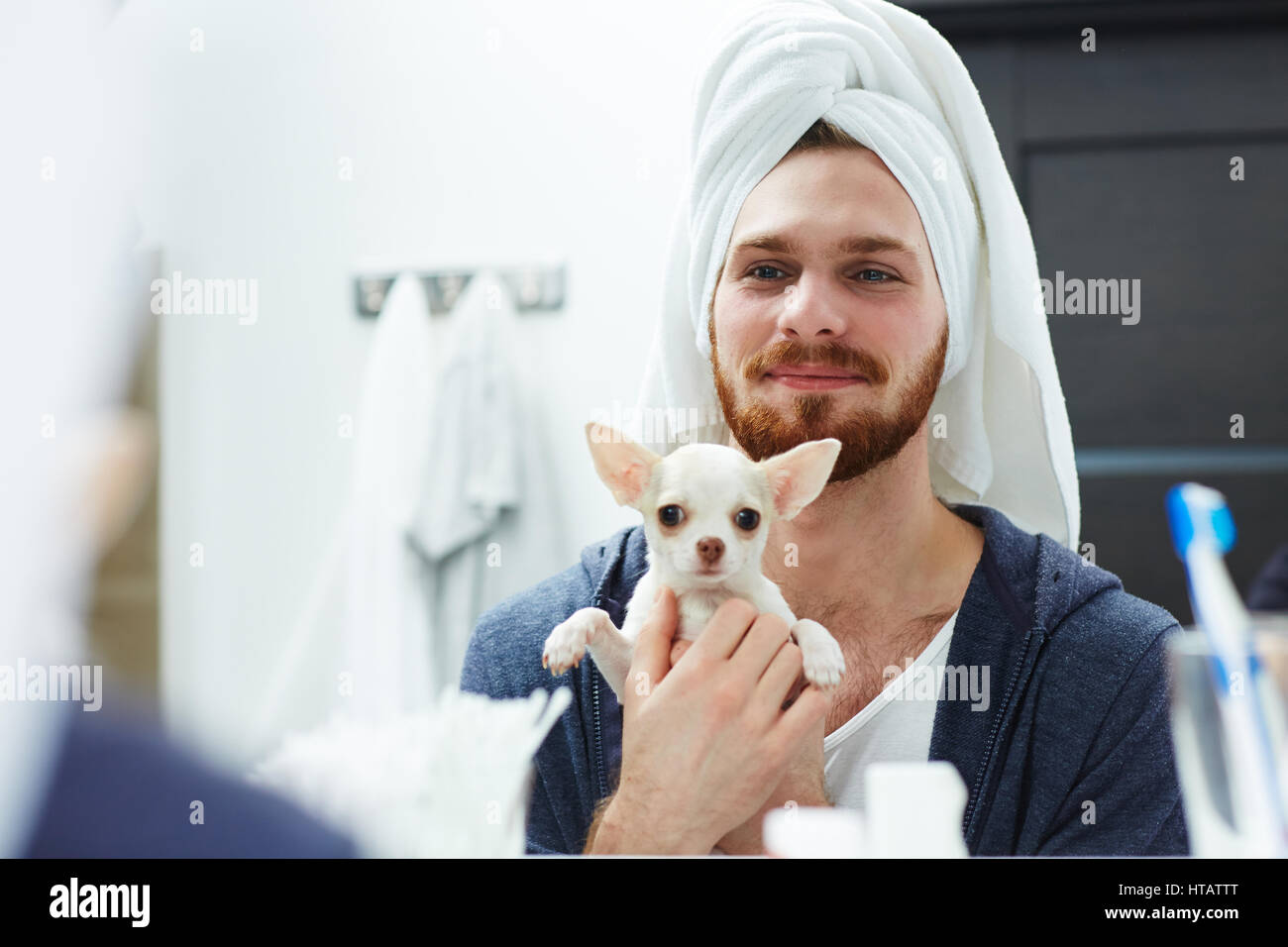 Man with towel on his head holding chiwawa puppy in front of mirror ...