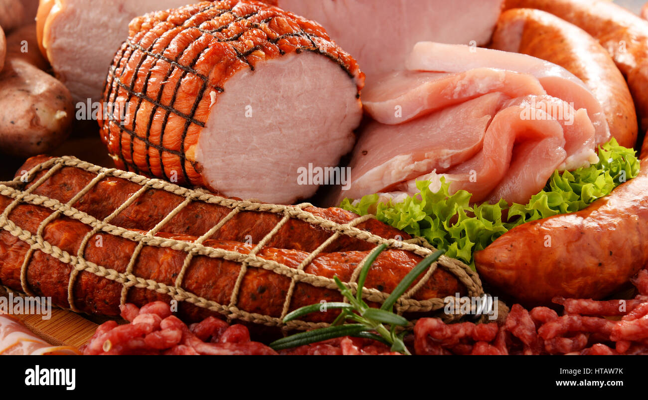 Assorted meat products including ham and sausages Stock Photo - Alamy