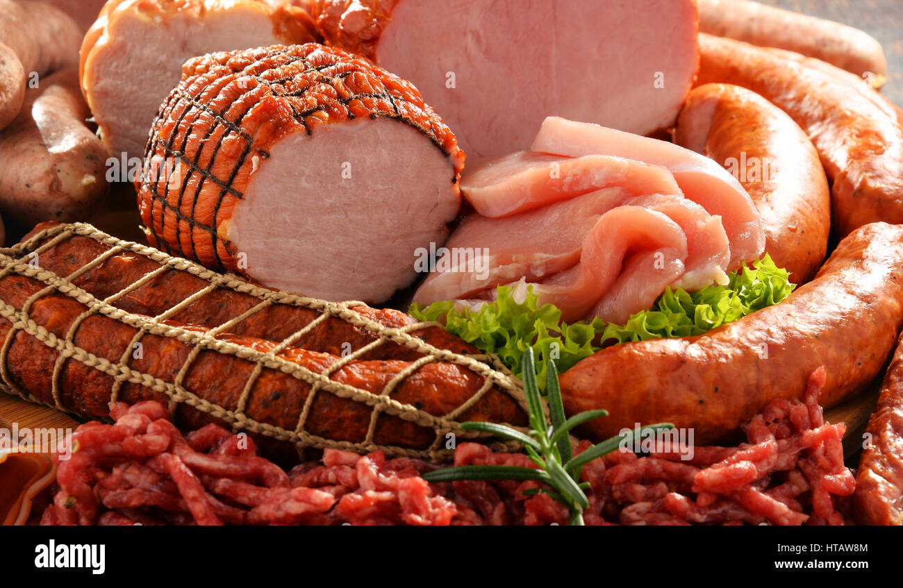 Assorted meat products including ham and sausages Stock Photo - Alamy