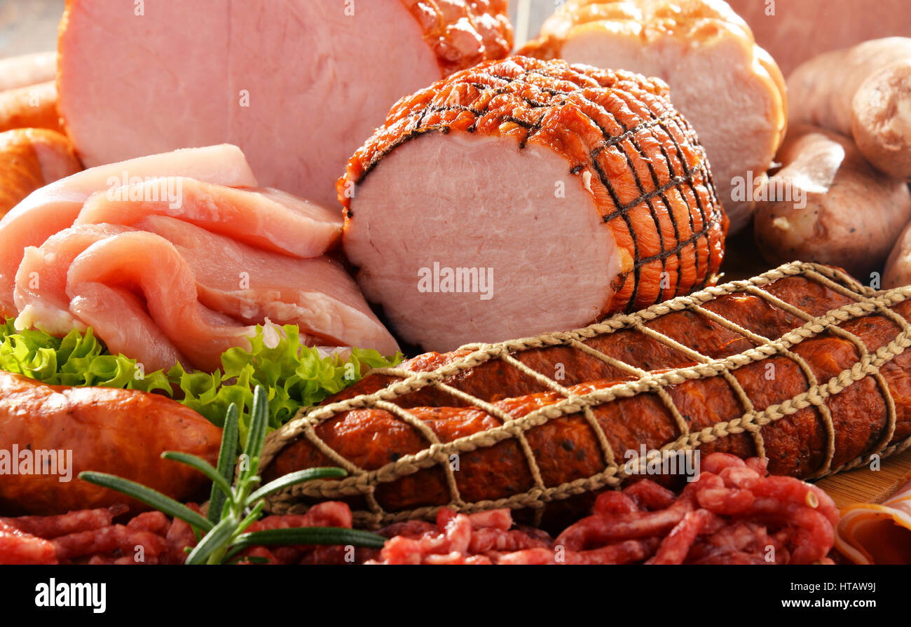 Assorted meat products including ham and sausages Stock Photo - Alamy