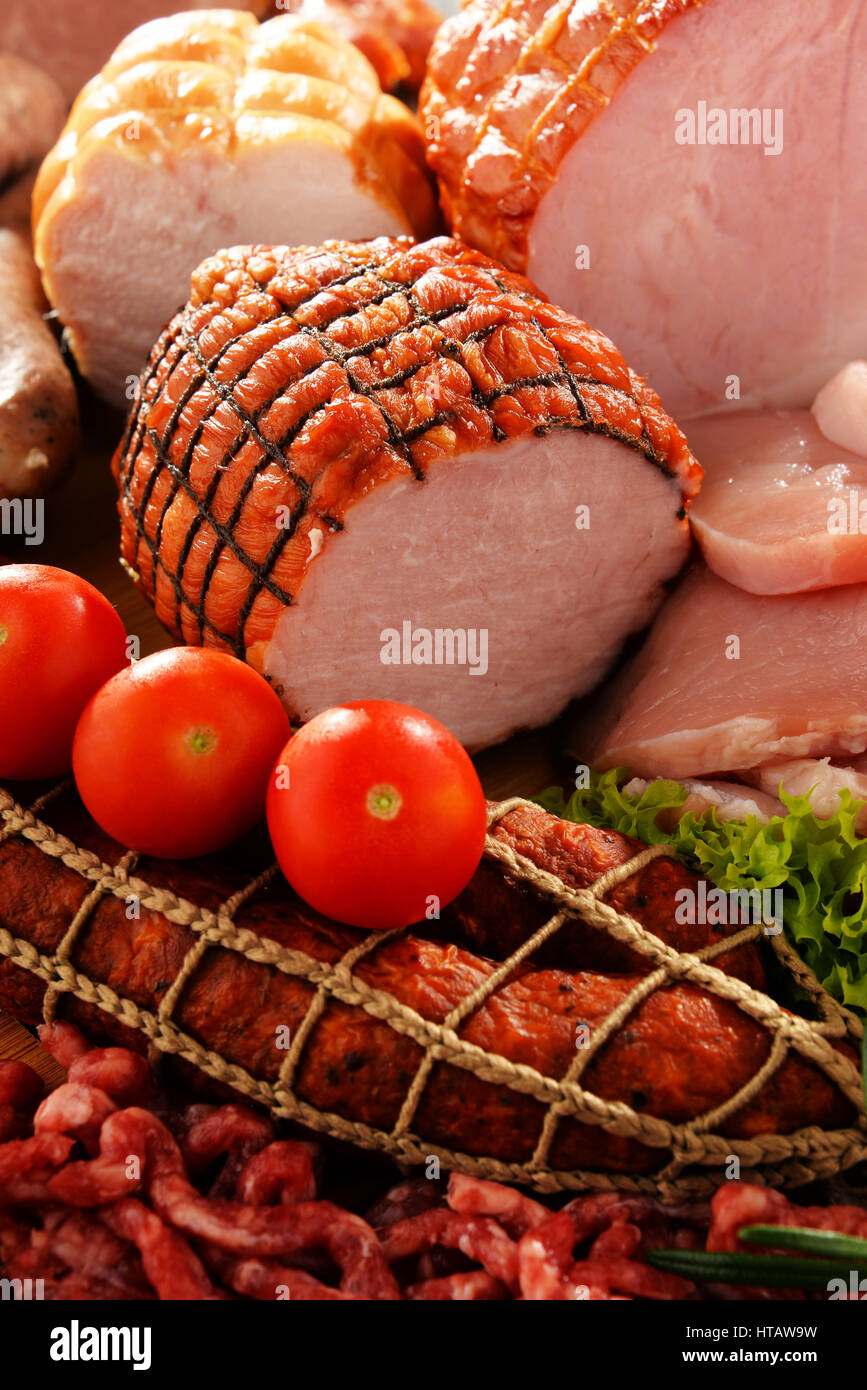 Assorted meat products including ham and sausages Stock Photo - Alamy